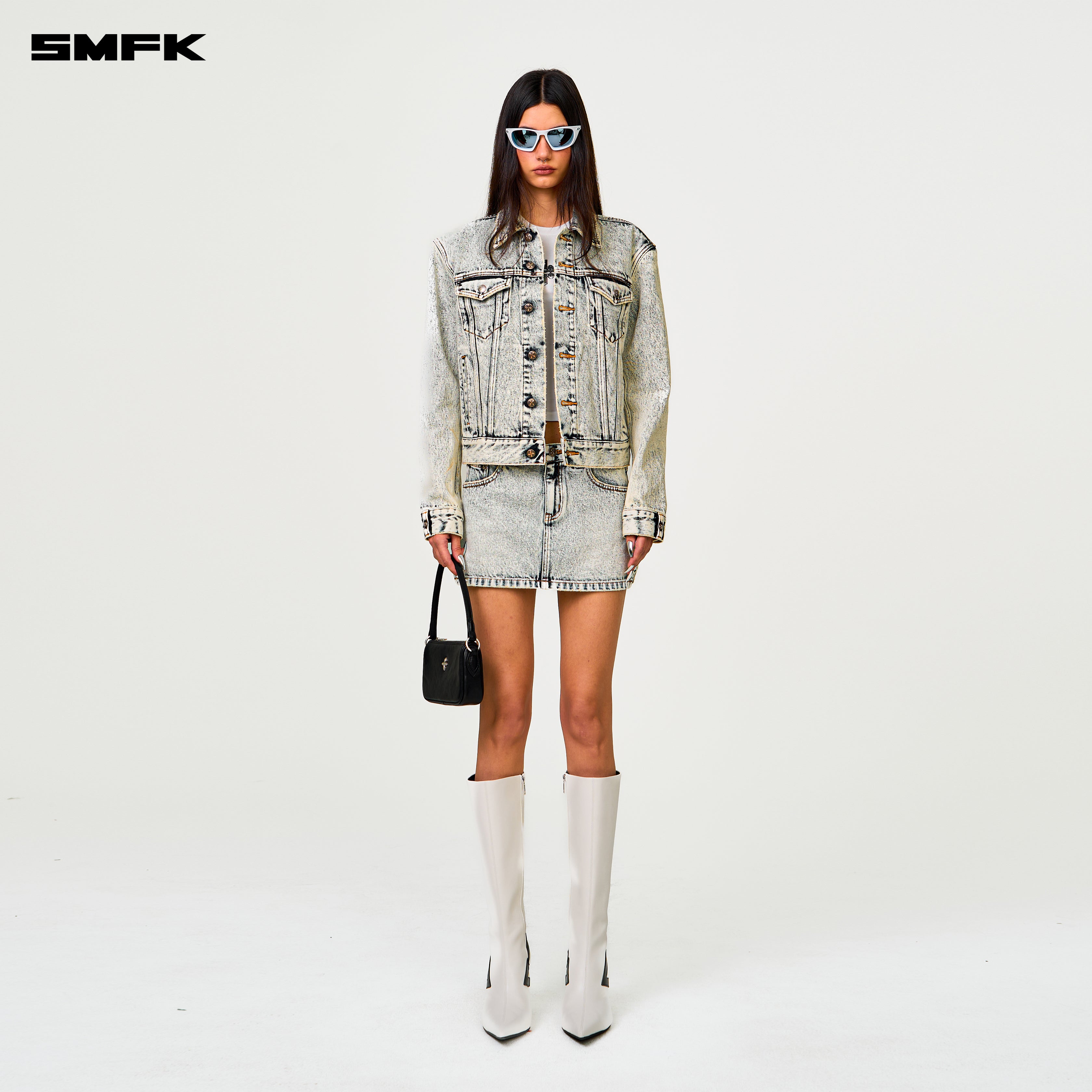 Compass Cross Classic Cut-Off Denim Skirt in White – SMFK Official